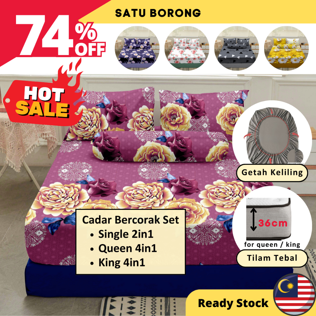 Premium Homestay Bed Sheet Murah Getah Keliling 4in1 Queen King / 2in1 ...