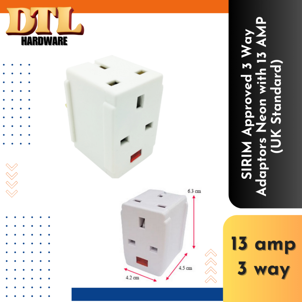 SIRIM Approved 3 Way Adaptors Neon with 13 AMP (UK Standard Adaptor 3 ...