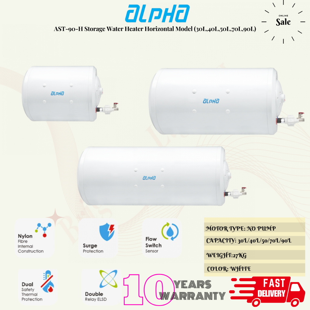 ALPHA AST-90-H Storage Water Heater Horizontal Model (30L/40L/50L/70L/90L) | Shopee Malaysia