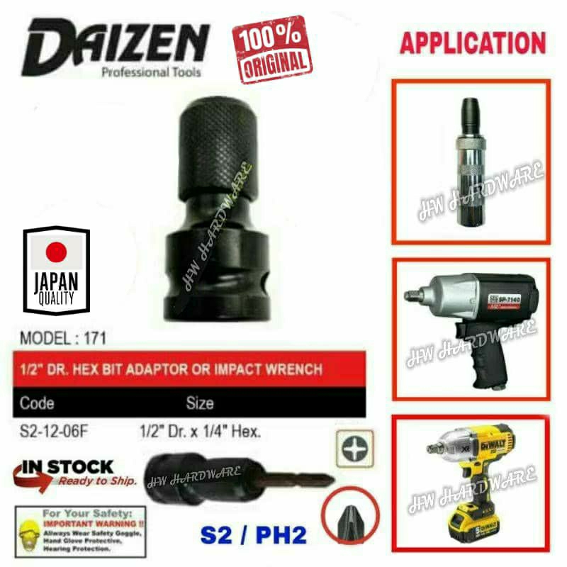 ORIGINAL DAIZEN 1/2" Square to 1/4" Hex Shank Impact Wrench Adapter ...