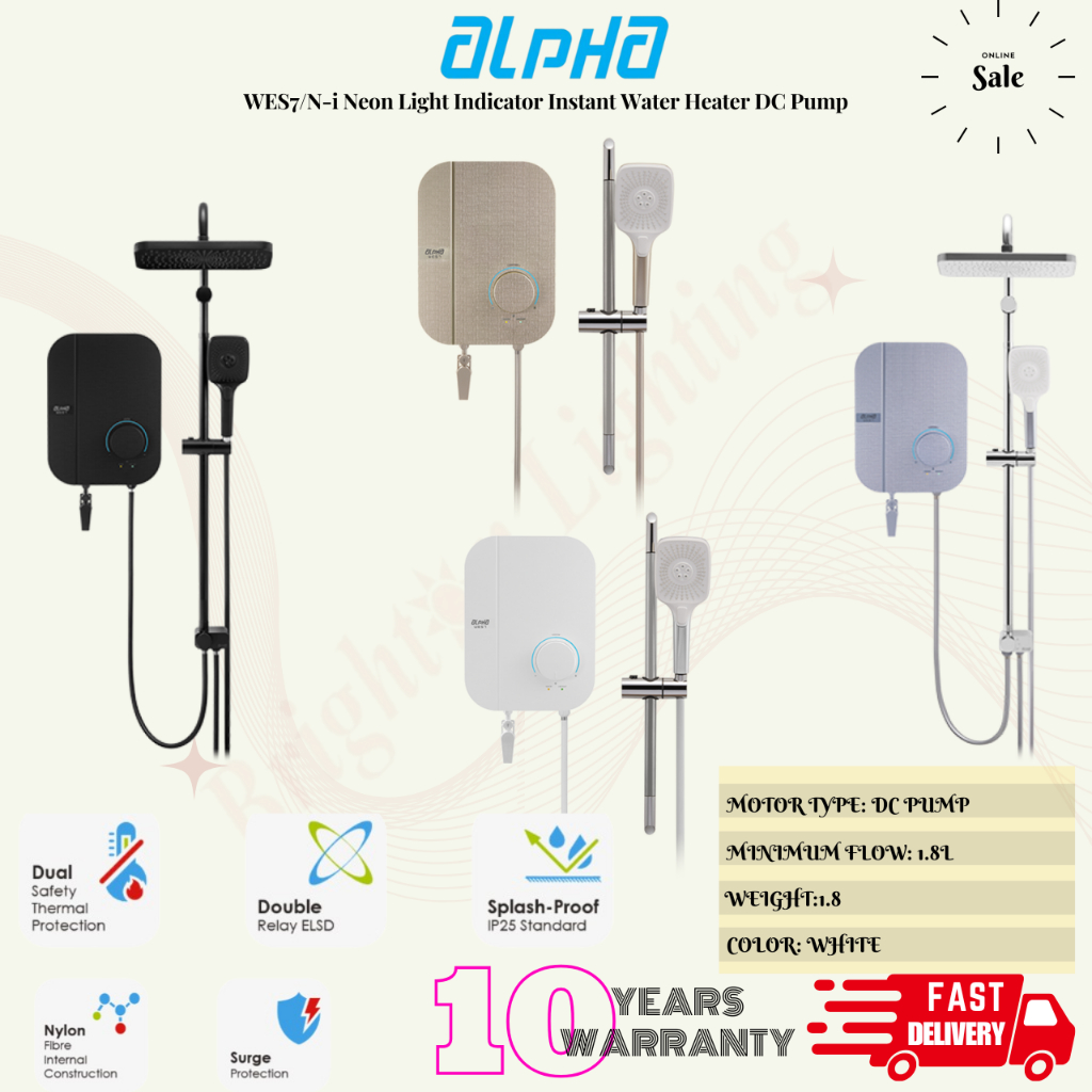 WES7/N-i Neon Light Indicator Rain Shower Instant Water Heater DC Pump ...
