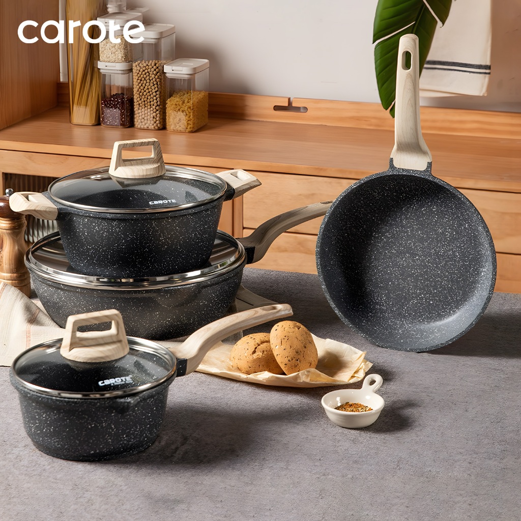 Carote NonStick Cookware Set Kuali Batu Granite,Healthy Kitchen 7 Pcs ...
