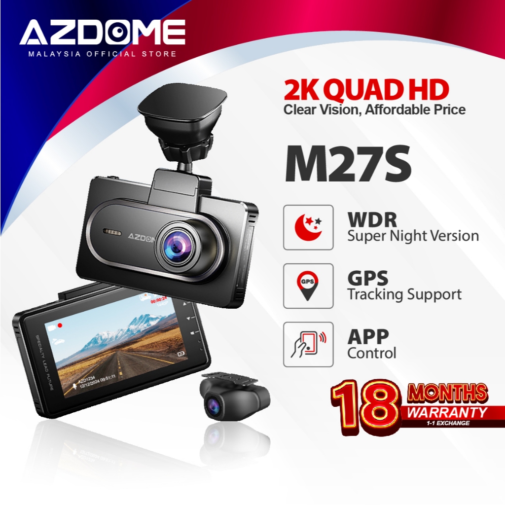 AZDOME M27S 1440P Quad HD Dual Channel Front & Rear Dash Cam Night ...