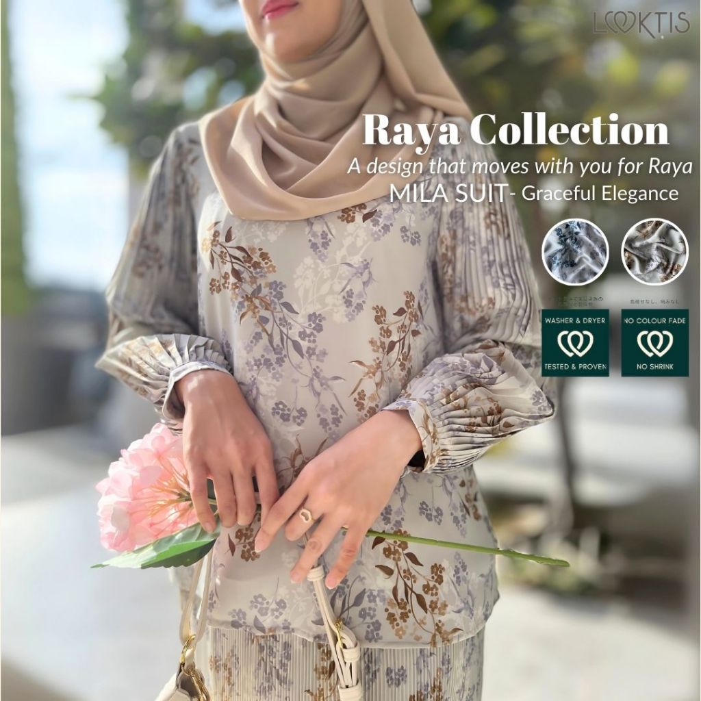LOOKTIS Mila Set Baju Raya Modern Premium Chiffon Floral Full Lining ...
