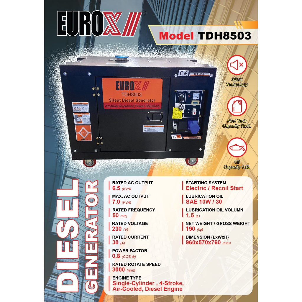 EUROX/// TDH8503 4-Stroke Design Electric Start Sound Poof Diesel Generator 7000W | Shopee Malaysia
