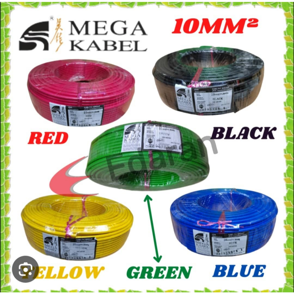 MEGA KABEL 10mm Wire Cable Color-Black-Red-Yellow-Green-Blue PVC ...