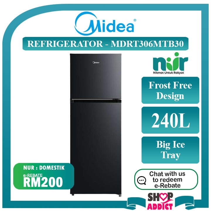 Midea 240L 2-Doors Refrigerator MDRT306MTB30 Peti Sejuk with No Frost ...