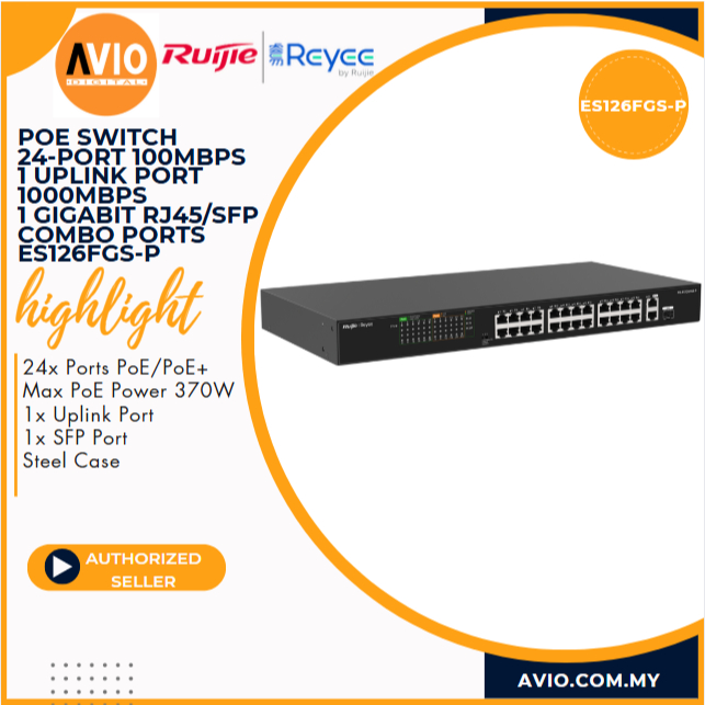 Ruijie 24 Port 370W 100M Unmanaged Network Poe PoE+ Switch 1 + 1 ...