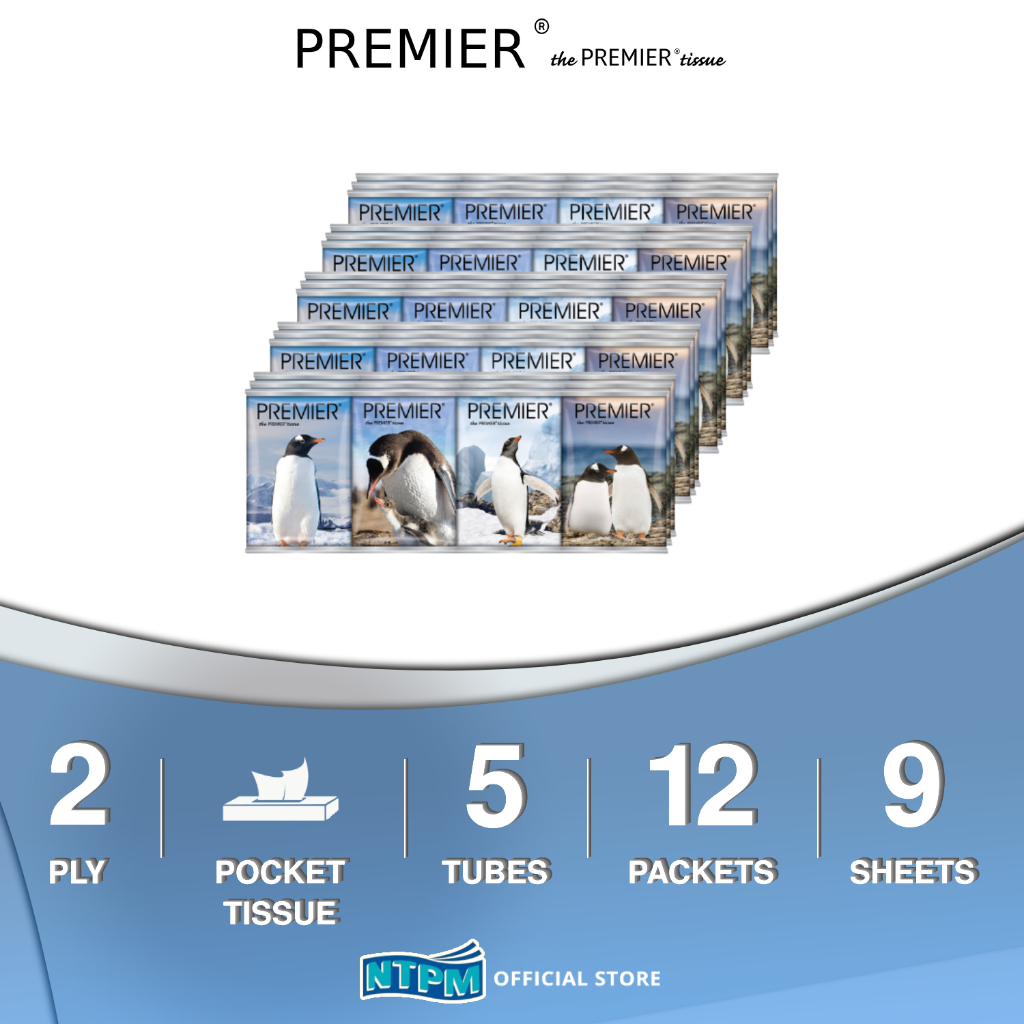 Premier Penguin Pocket Tissue 5 in 1 2 PLY (9's x 12 Packets x 5 Tube ...