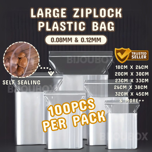Bijoubox Large Size Zip Lock Plastic Bag 100PCS (0.08mm & 0.12mm) Clear ...
