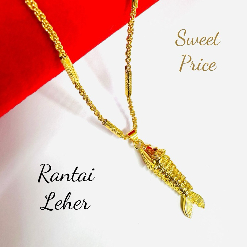 Rantai Leher Tebu Loket Arowana 24K (50/60cm) 3mm Gold Plated Necklace ...