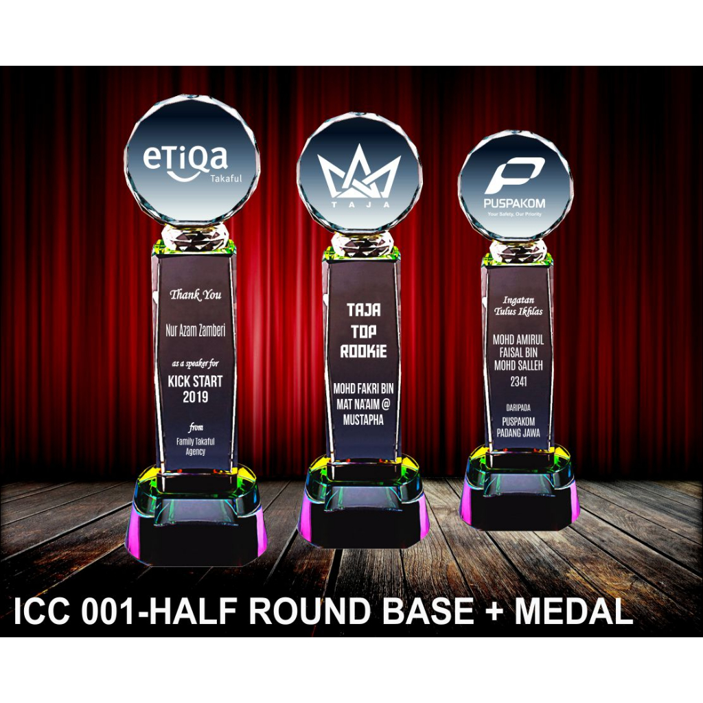 CRYSTAL CUBE TROPHY ICC 001-HALF ROUND BASE + MEDAL (48 HOURS DELIVERY ...