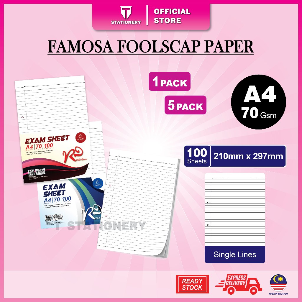 FAMOSA A4 70gsm 100 sheets 7.5mm Broad Line Foolscap Paper ...