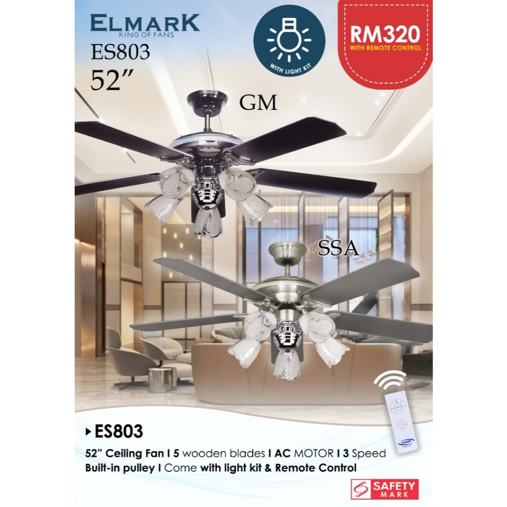 Elmark Ceiling Fan 52" ES 803 (With Light Kit) **EXCULDED BULB ...
