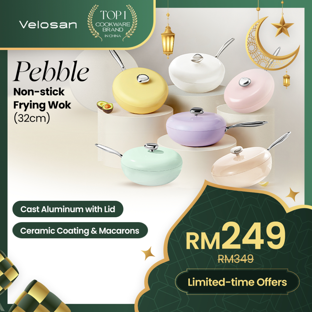 Velosan Pebble Non-stick Fry Wok (32CM) | Cast Aluminium Lid | Ceramics ...
