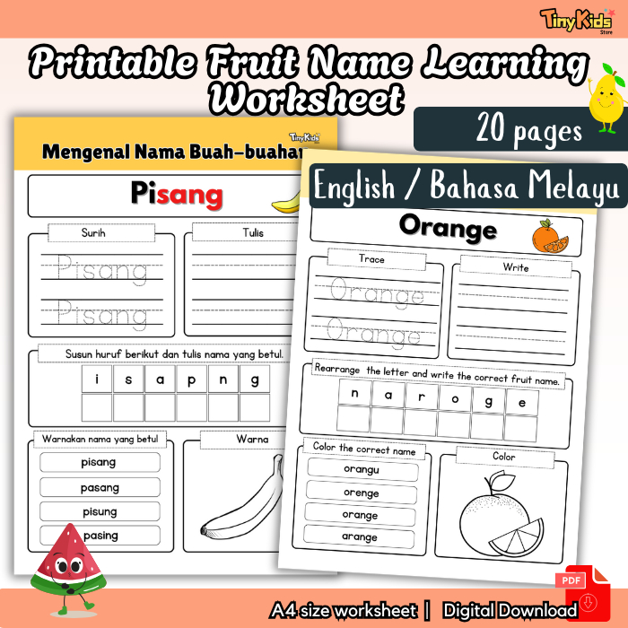 W023 PDF Digital Printable Fruit Name Learning Worksheet for ...