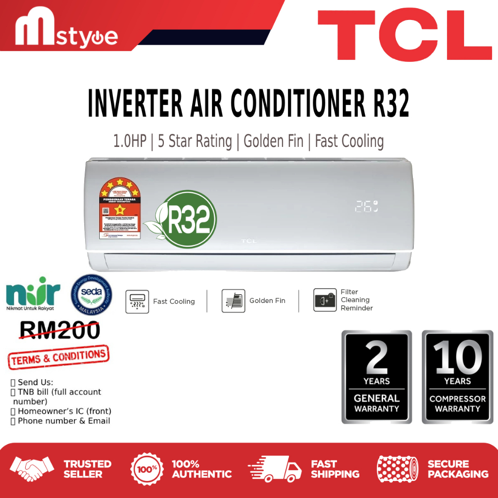 [E-REBATE RM200] TCL 1.0 / 1.5 /2.0 HP Inverter Air Conditioner R32 ...