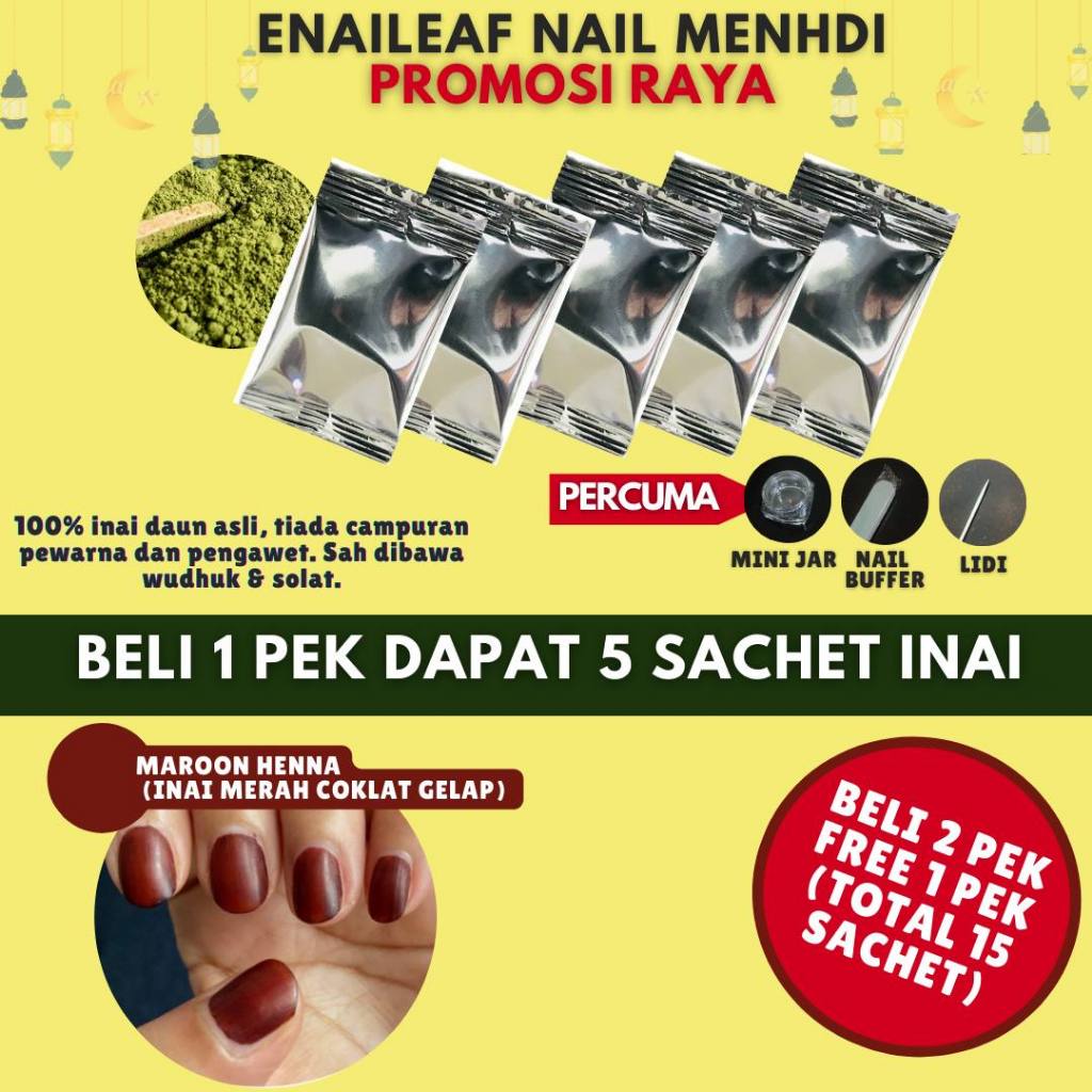 BELI 1 PEK DAPAT 5 SACHET | ENAILEAF INAI DAUN TAK PUDAR | HITAM MAROON ...