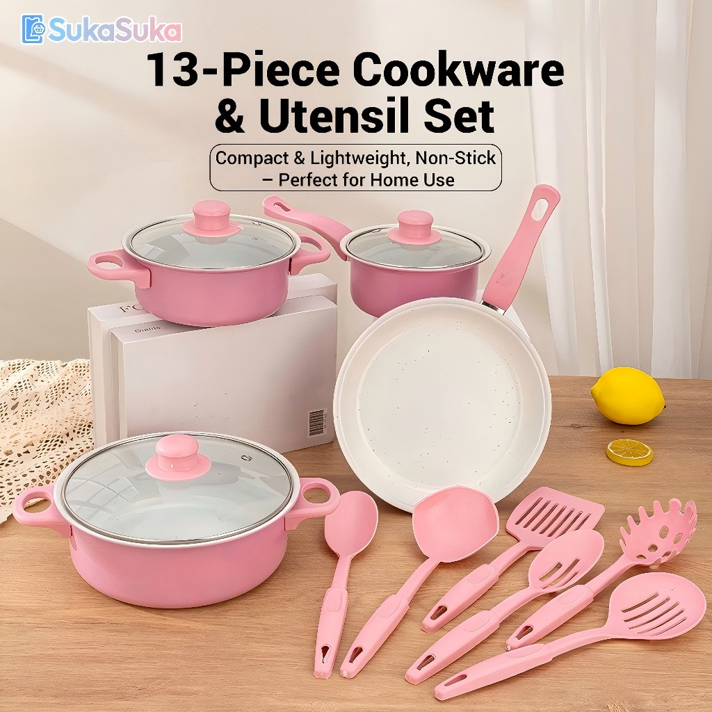 13Pcs Non-Stick Cookware Set Periuk Anti Lekat Fry Pan & Pot (Induction ...