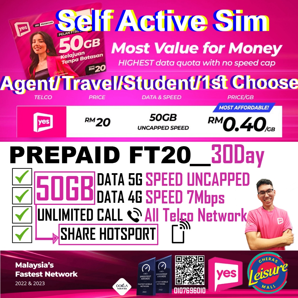 PREPAID RM20 YES SIM 5G/4G (☑️INCLUDE DATA 50GB & TANPA HAD CALL ALL ...