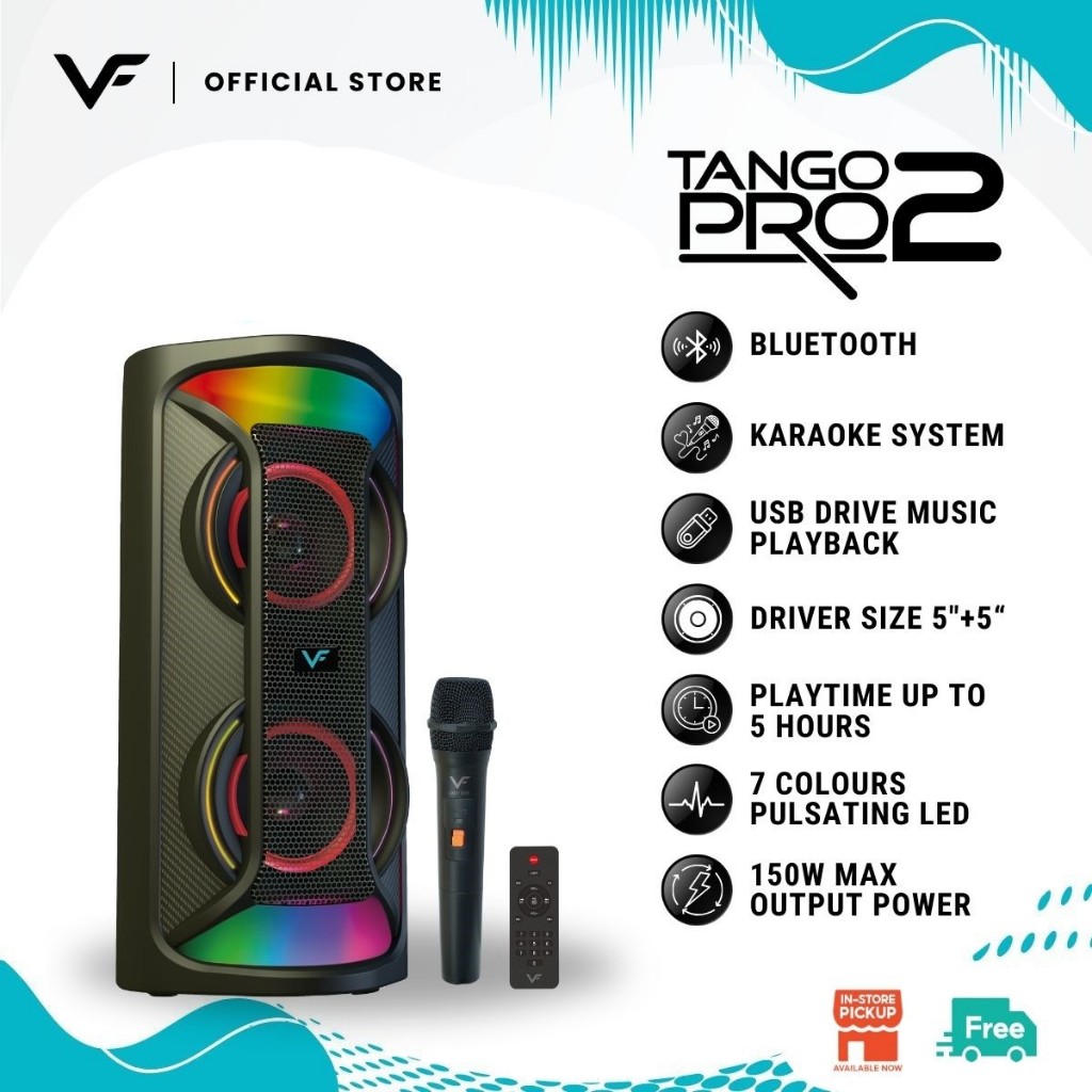 Vinnfier VF Tango Pro 2 150W Max Karaoke Portable Bluetooth Speaker with 1 Wireless Microphone ...