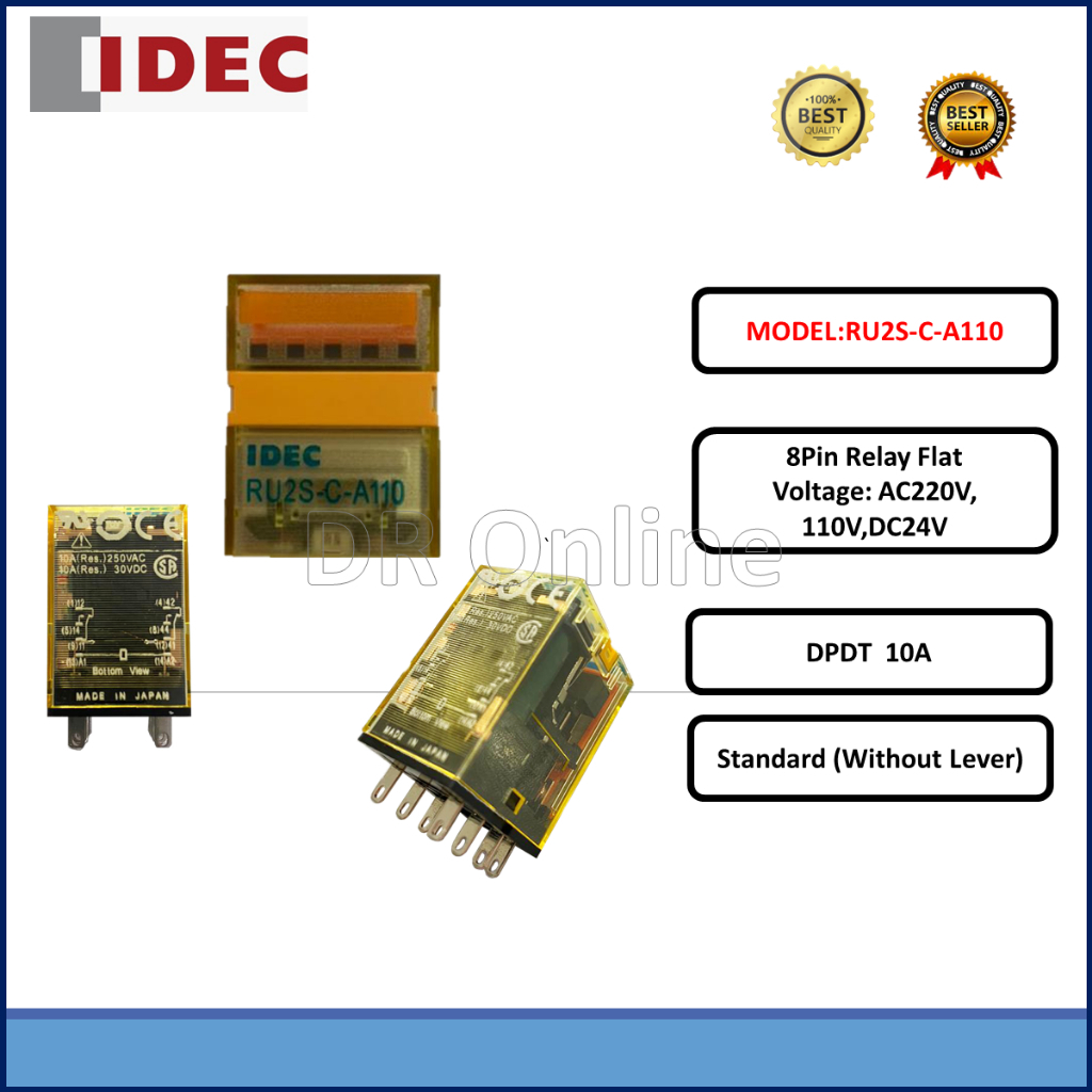 IDEC 8PIN RELAY FLAT DPDT STANDARD TYPE 24VDC /110VAC / 220VAC C/W BASE ...