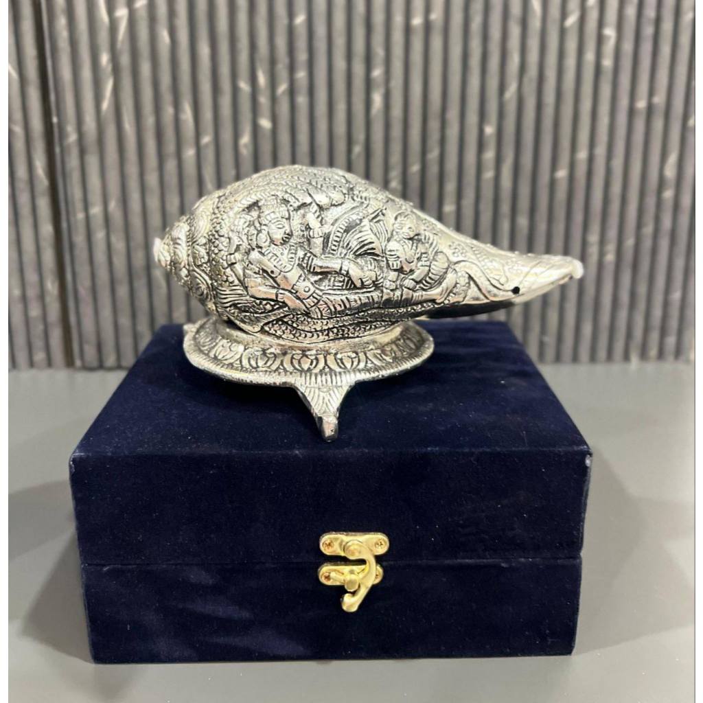 German Silver Hand Engraved Shankh with Stand for Temple or Mandir ...