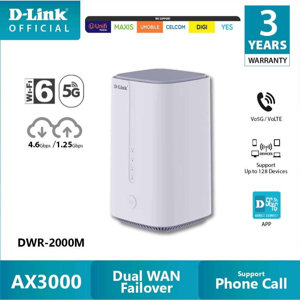 D-Link 5G NR CPE AX3000 Wi-Fi 6 Wireless 2 x 2.5 Gigabit Port with RJ 11 Vo5G/ VoLTE WiFi Router ...