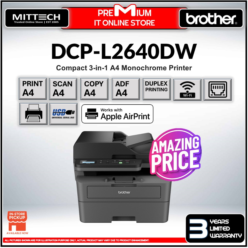 Brother Monochrome Laserjet Printer A4 3in1 Wireless DCP-L2640DW | ADF ...