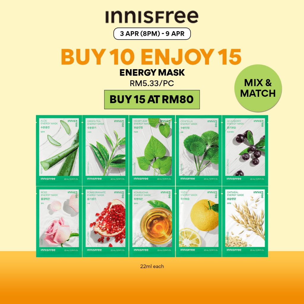 [3 APR (8PM) - 9 APR | BUY 15 AT RM80] INNISFREE Energy Mask (22ml ...