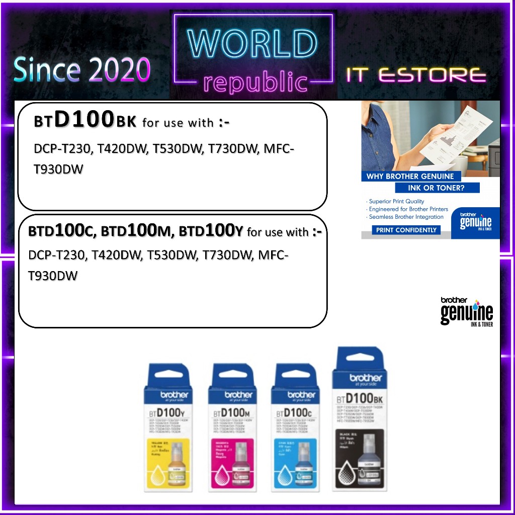 Brother Original Ink Tank Refill BTD100BK BTD100 BTD100C BTD100M ...