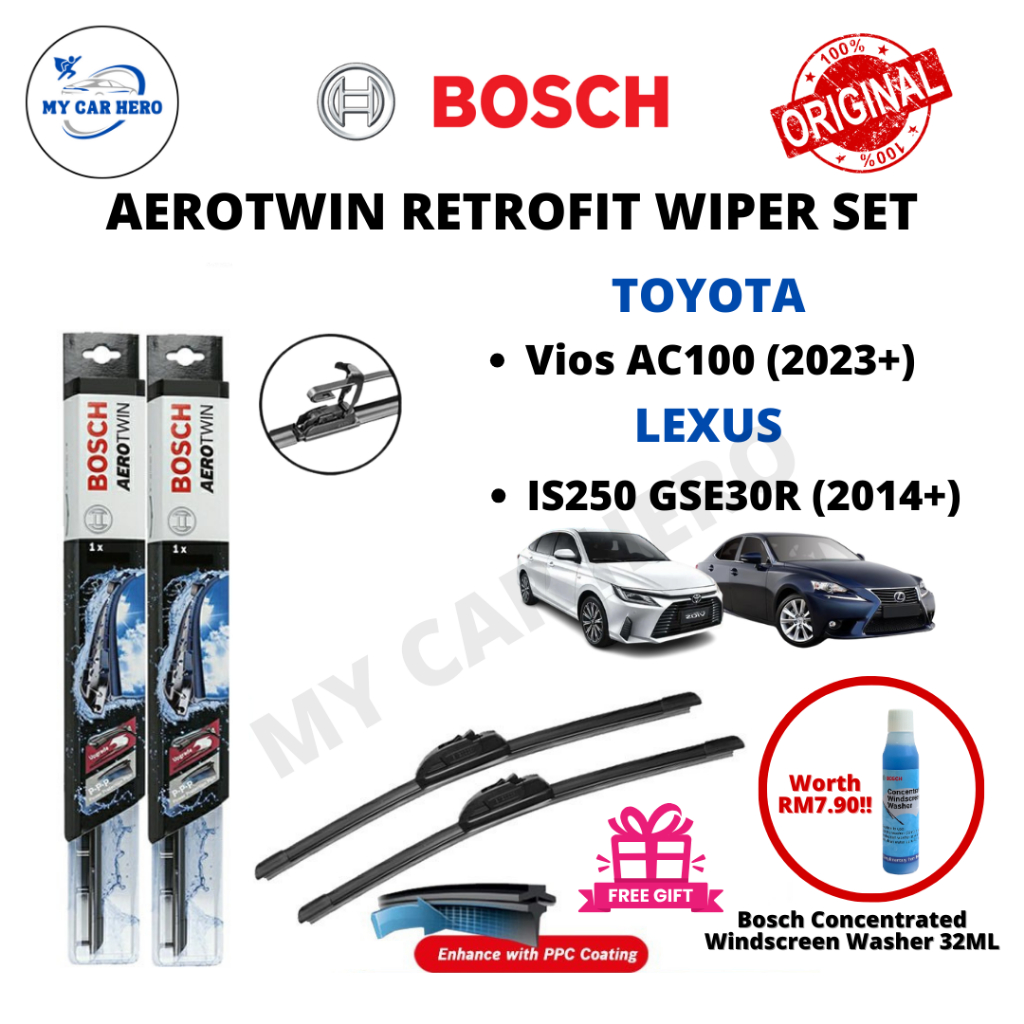BOSCH Aerotwin Retrofit U Hook Wiper Set for Toyota Vios (AC100) (2023+) / Lexus IS250 GSE30R ...