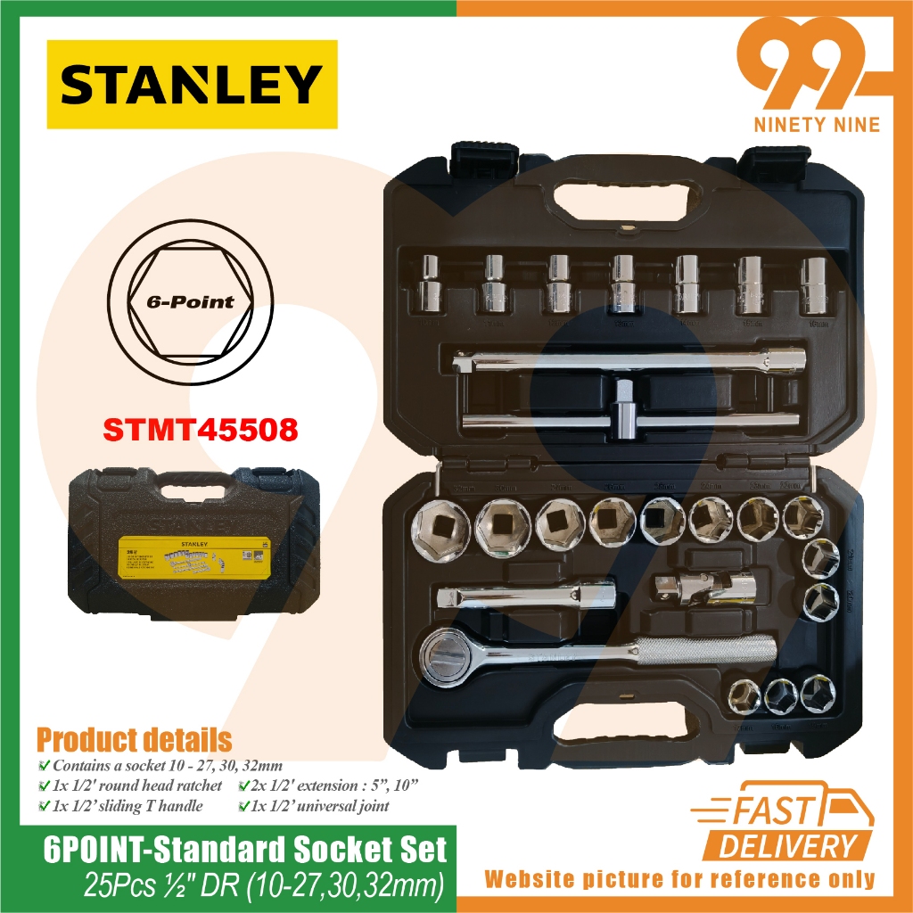 STANLEY 6 Point(25pcs) / 12 Point(26pcs) DR Socket Set 1/2" (10mm-32mm ...