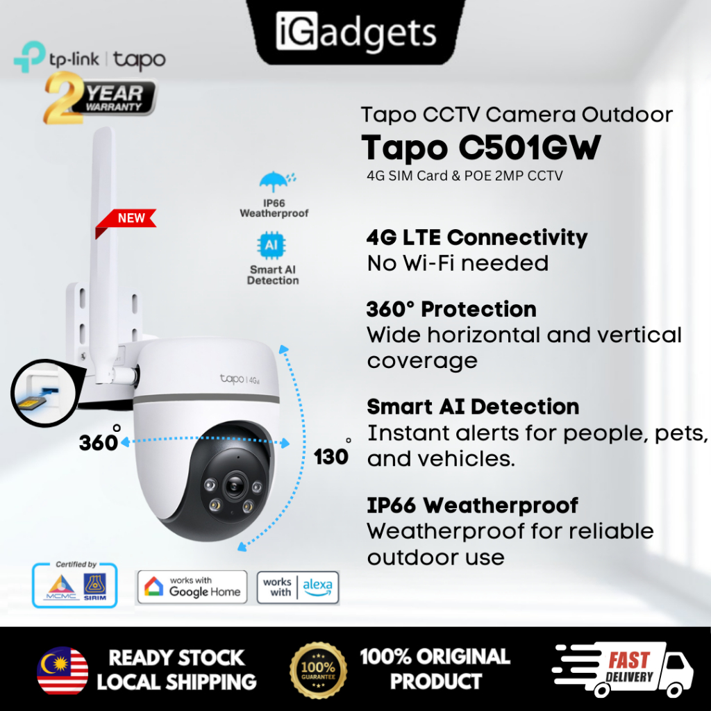 TP-Link Tapo C501GW 4G SIM Card & POE 2MP CCTV Camera Outdoor IP66 ...