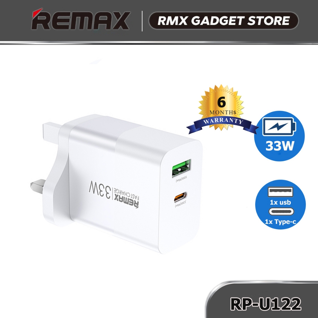 Remax 33W UK Plug Fast Charging Adapter Type-c and USB Port for Travel ...