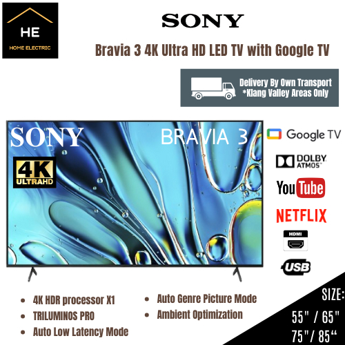 Sony Bravia 3 55 / 65 / 75 /85 Inch 4K Ultra HD LED TV with Google TV ...