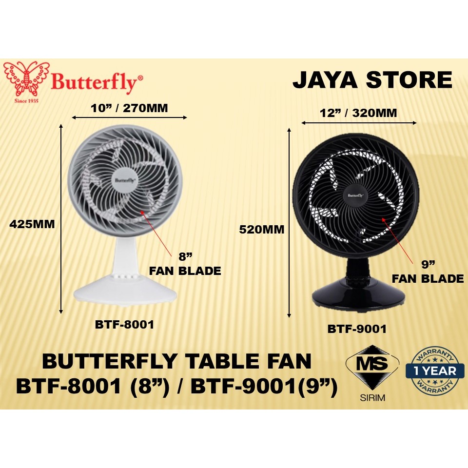 Butterfly Table Fan BTF-8001(8") / BTF-9001(9") (7.9-8.7 Meter Long ...