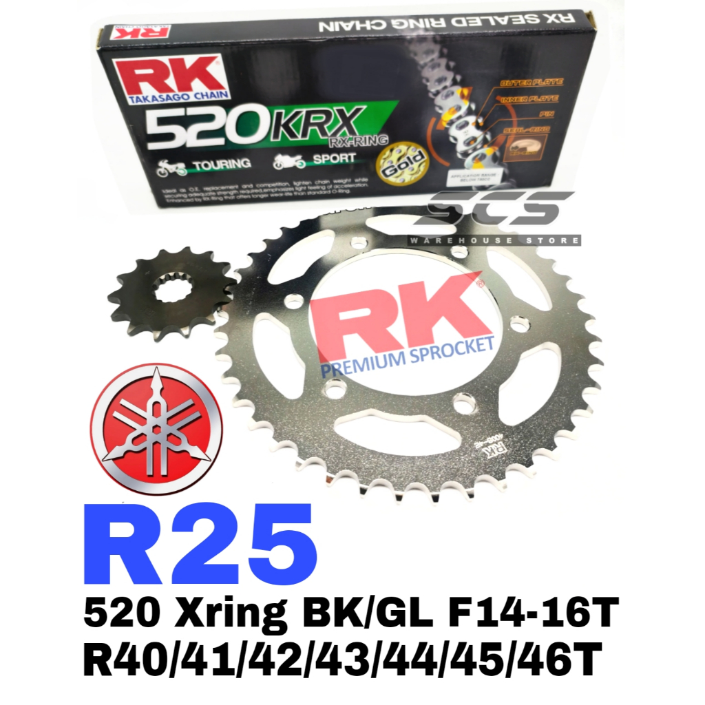 RK Sprocket Set YAMAHA R25 520 RK KRX X-Ring Rivet Black / Gold Chain ...