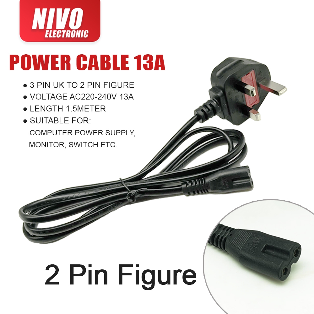 3 Pin Uk To 2 Pin Figure 8 Power Cable With Fuse 1.5 Meter To IEC C7 C8 ...