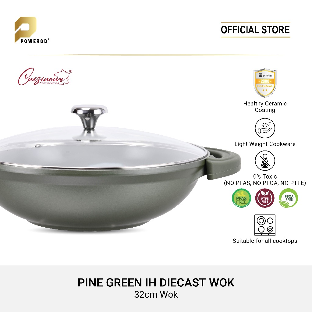 Cuisineur Pine Green IH 32cm Die-Cast Wok with Tempered Glass Lid (Kuali 32cm) non-stick ...