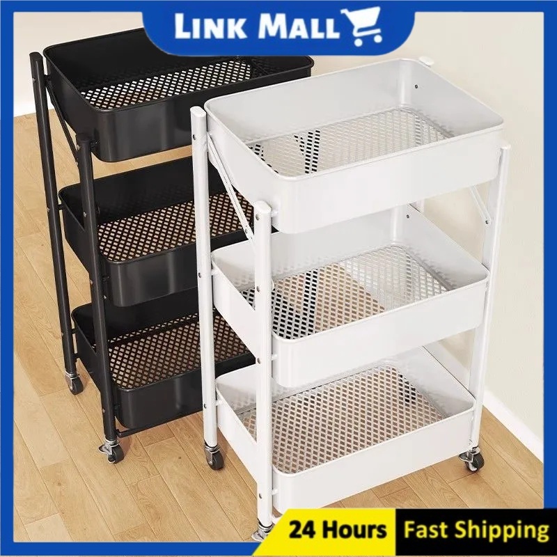 3 Tiers Foldable Kitchen Trolley Rack With Roller Multifunctional ...