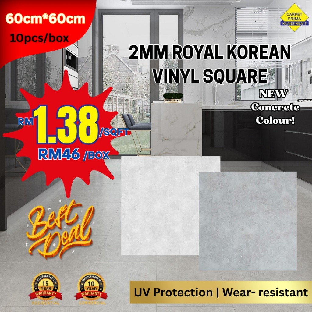 10PCS/40 SQFT 2MM ROYAL KOREAN VINYL SQUARE WARNA KONKRIT 60CM X 60CM ...