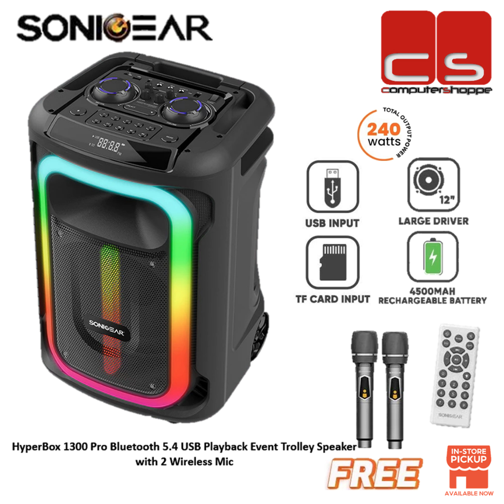 SonicGear HyperBox 1300 Pro Bluetooth 5.4 USB Playback Event Trolley Speaker with 2 Mic | Shopee ...