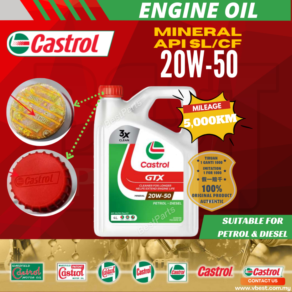 Original Castrol 20W50 GTX Car Engine Oil 4Liter SL/CF Petrol Diesel Minyak Hitam Kereta Wira ...