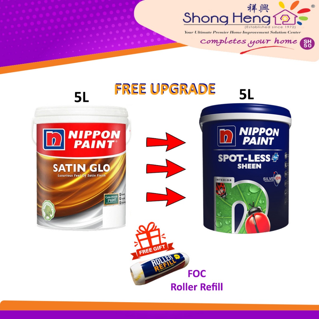 5L Nippon-Satin Glo FREE UPGRADE to Spot-less Plus Sheen [Interior Wall Paint] - Color Option ...