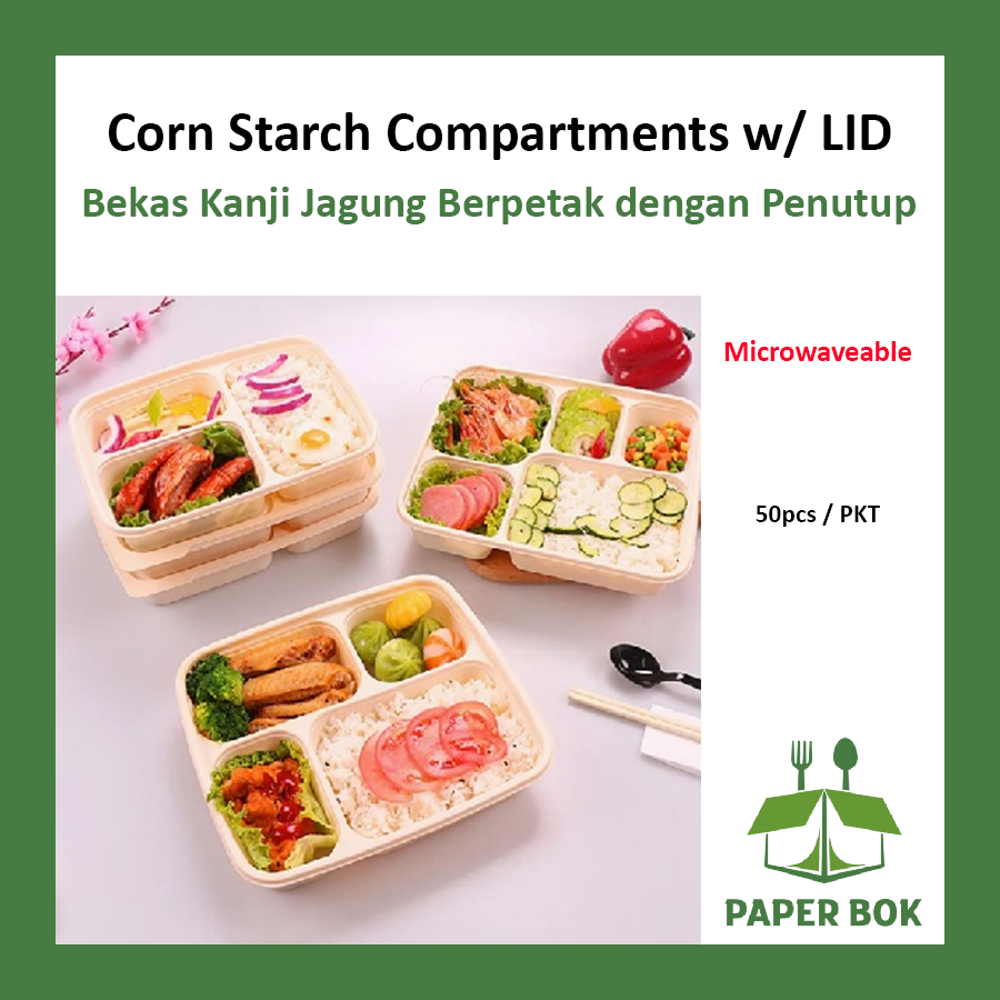Bekas Bio [50pcs] [3 Type] Corn Starch Compartments Container with Lids ...