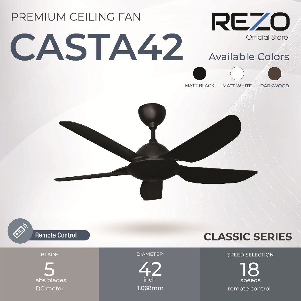 REZO Classic Series 42" 5 Blades DC Motor Ceiling Fan With Remote ...