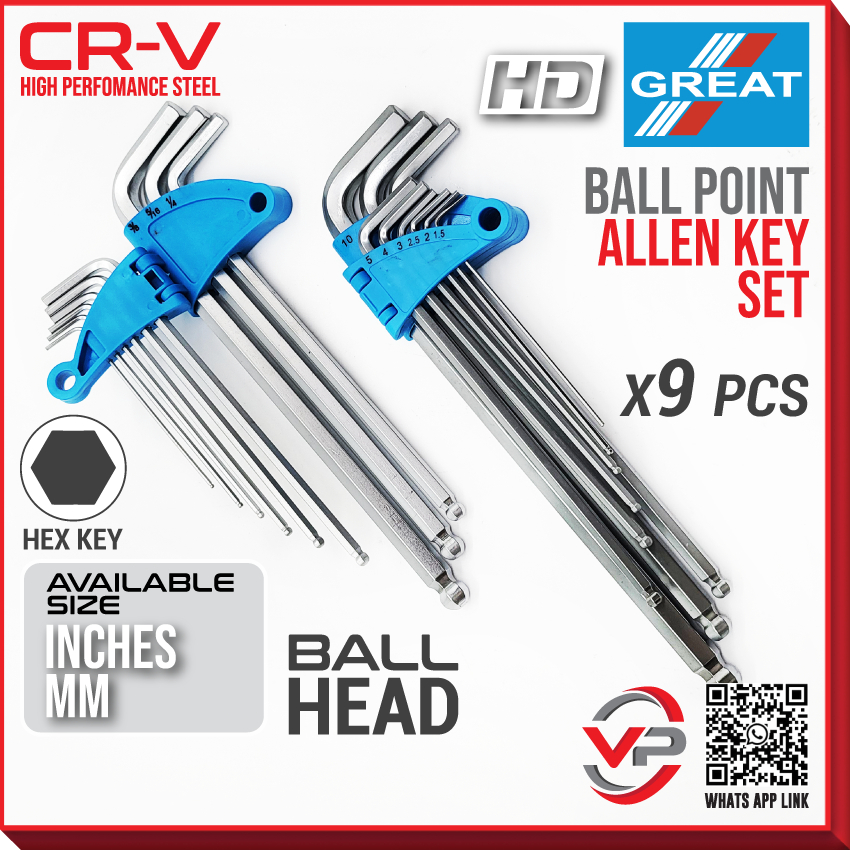 GREAT 8062004/2304 H/DUTY 9PCS BALL POINT ALLEN KEY WRENCH SET MM(1.5MM ...