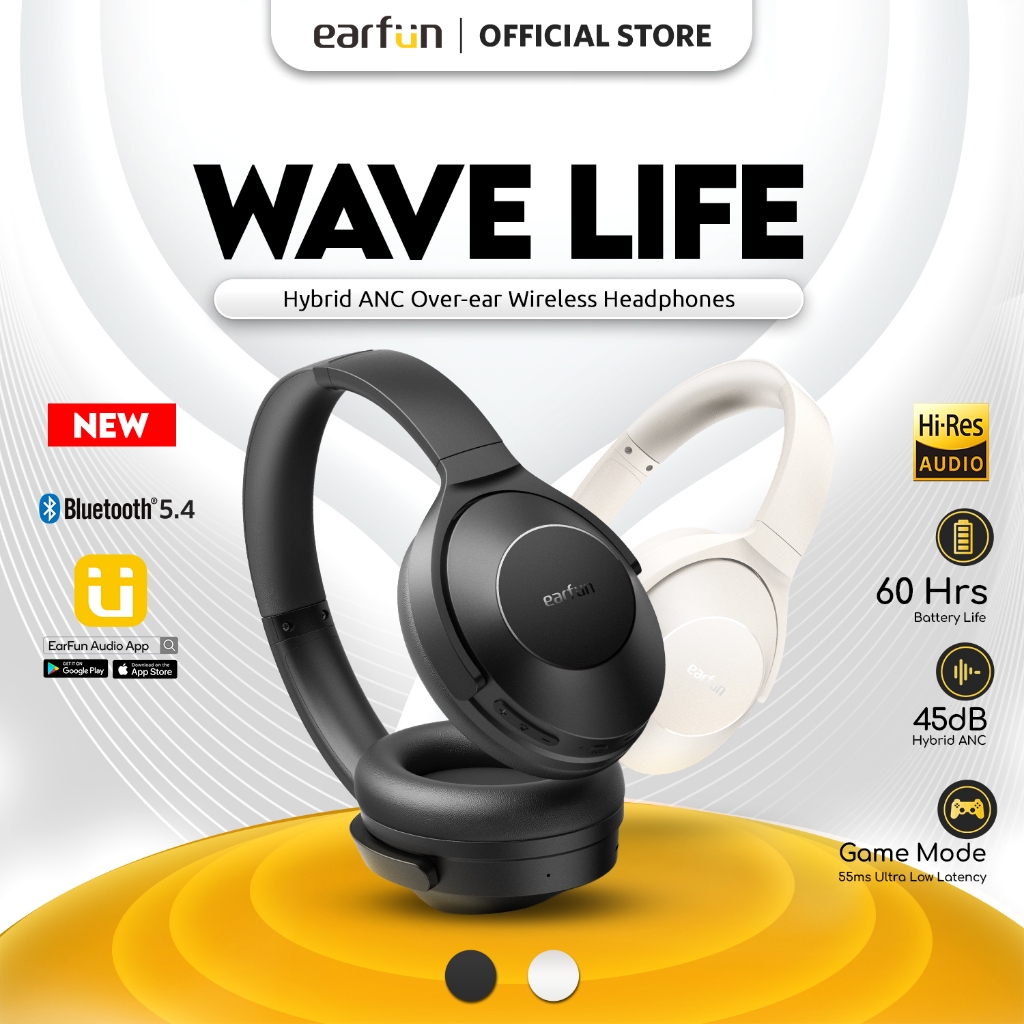 EarFun Wave Life Wireless Bluetooth 5.4 Headphone with Hybrid Active Noise Cancelling & Hi-Res ...
