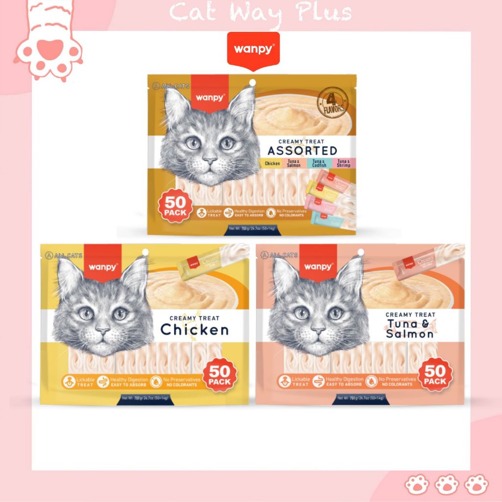 Wanpy 50 pcs Creamy Cat Treats 14g LICKABLE TREAT ASSORTED Chicken Tuna ...